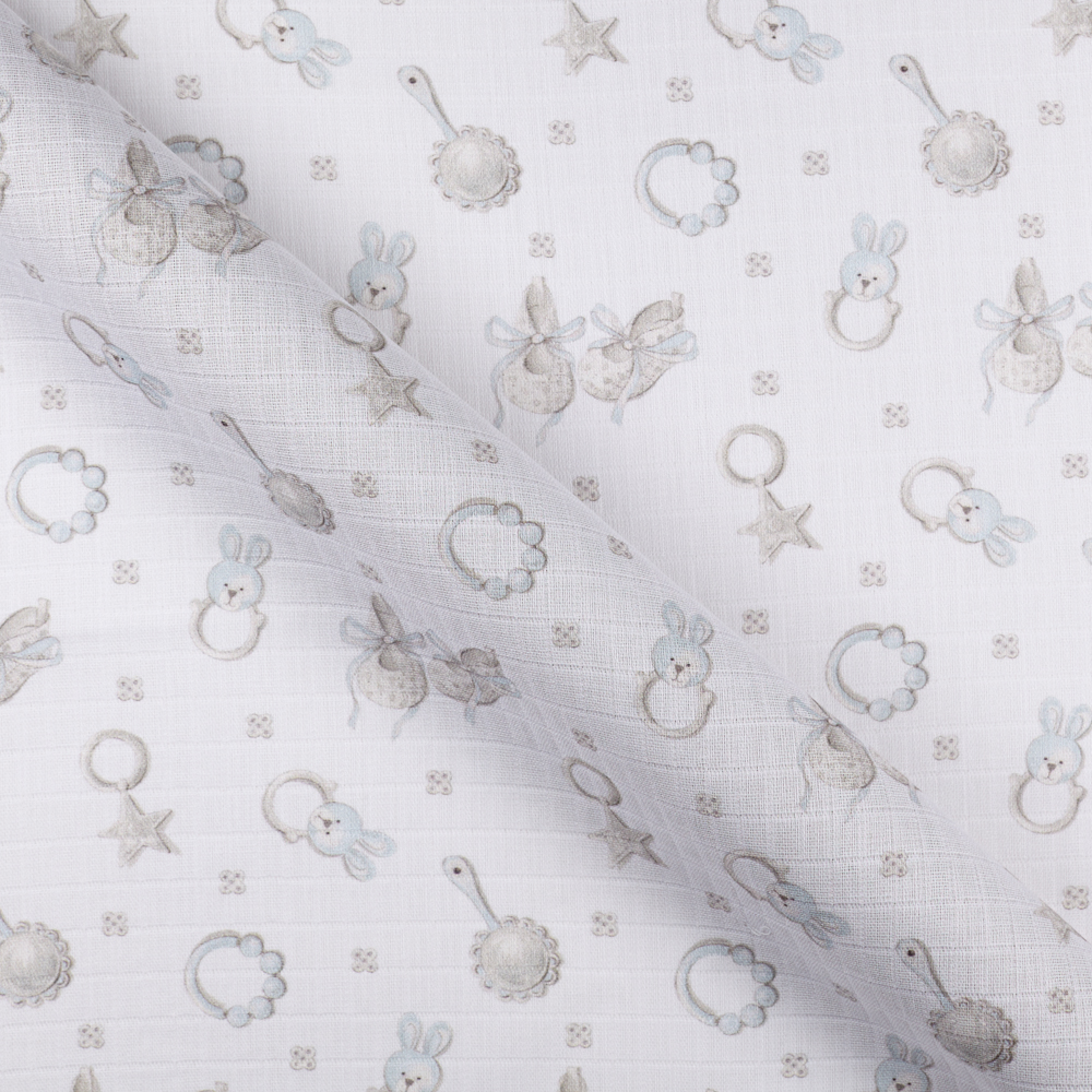 Fabric IC008 Muslin 100% Cotton Fabric White / Blue Baby Rattle Softened
