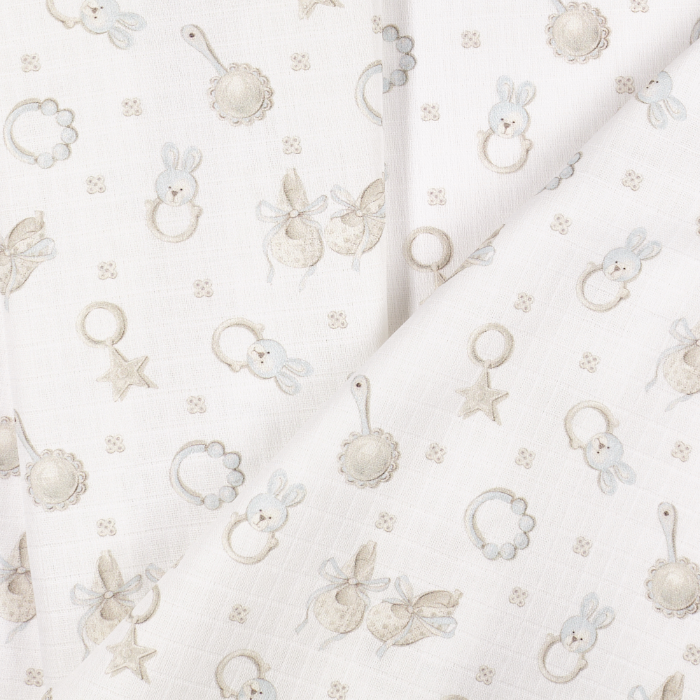 Fabric IC008 Muslin 100% Cotton Fabric White / Blue Baby Rattle Softened