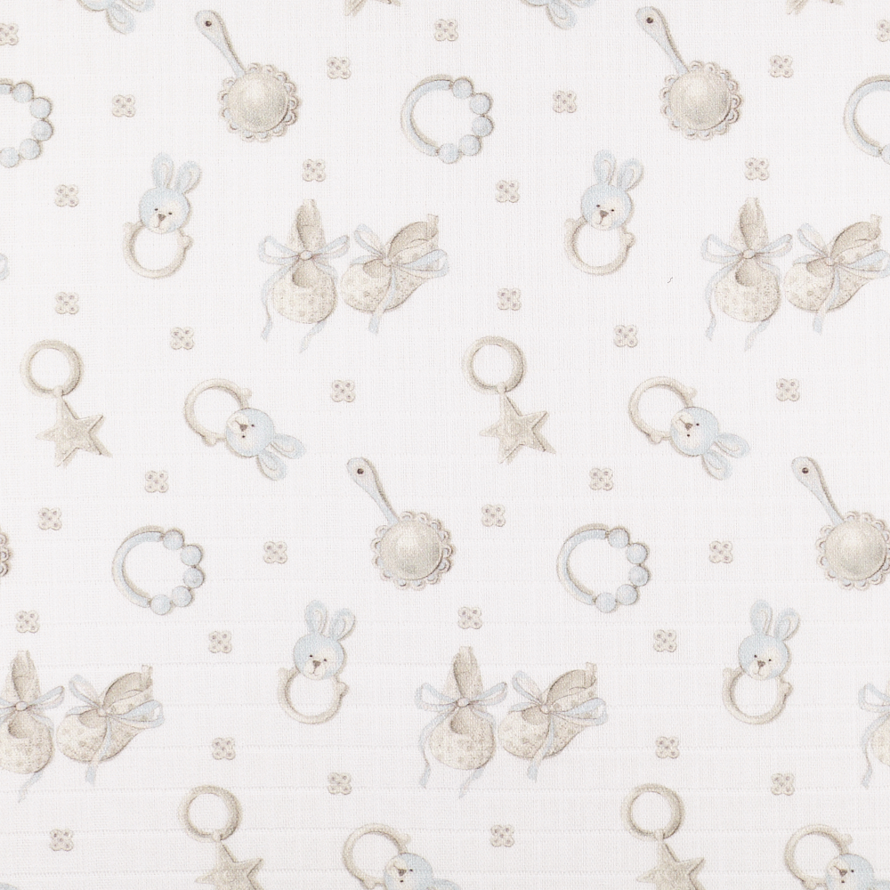 Fabric IC008 Muslin 100% Cotton Fabric White / Blue Baby Rattle Softened