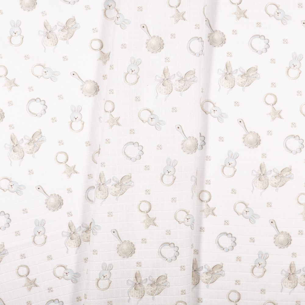 Fabric IC008 Muslin 100% Cotton Fabric White / Blue Baby Rattle Softened