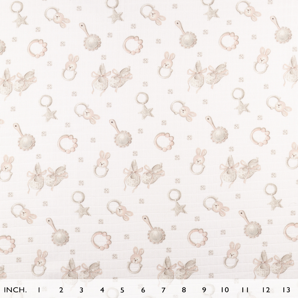 Fabric IC008 Muslin 100% Cotton Fabric White / Pink Baby Rattle Softened