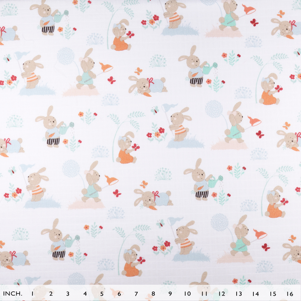 Fabric IC008 Muslin 100% Cotton Fabric White / Mlt Rabbits In Garden ...
