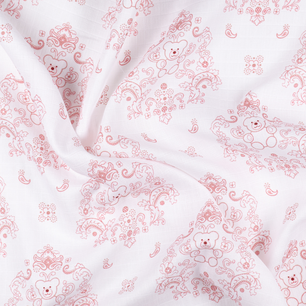 Fabric IC008 Muslin 100% Cotton Fabric White / Pink Teddy Bear Softened